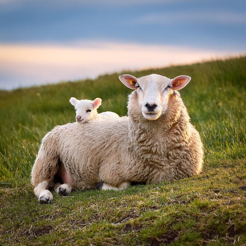 Resigned. Sheep Lying in a Field in Spring with a Lamb Climbing on Its ...