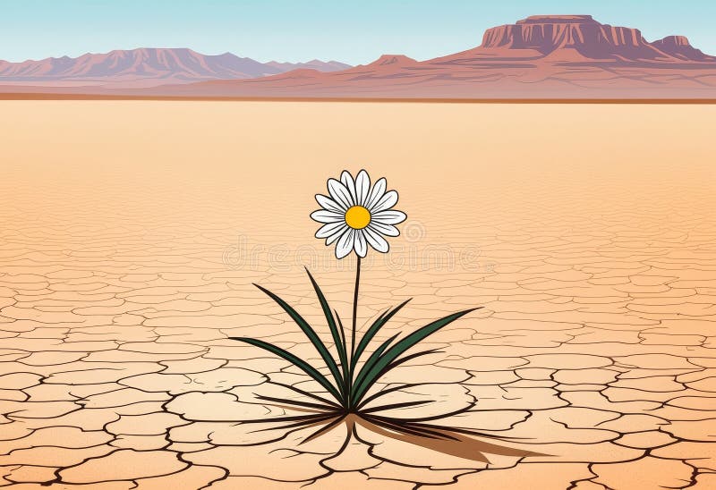 Resilience in the Desert: a Single Daisy Blooms on Cracked Arid Ground ...
