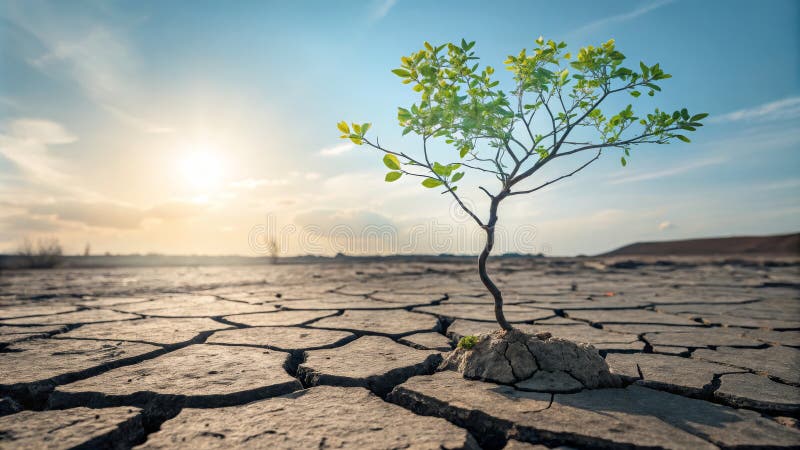 Resilience Sapling in Cracked Earth, Sunset Backdrop Stock Illustration ...