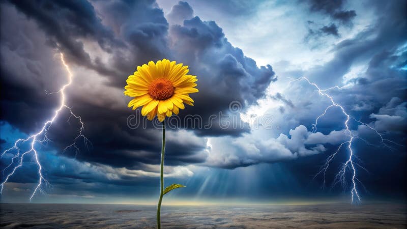Resilience a Single Sunflower Stands Tall Amidst a Dramatic ...