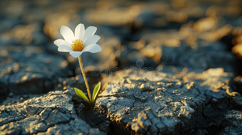 Resilient Bloom: a Tiny White Flower Breaks through Dry Cracked Earth ...