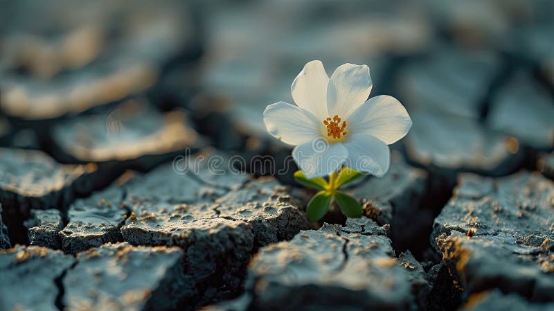 Resilient Bloom: a Tiny White Flower Breaks through Dry Cracked Earth ...