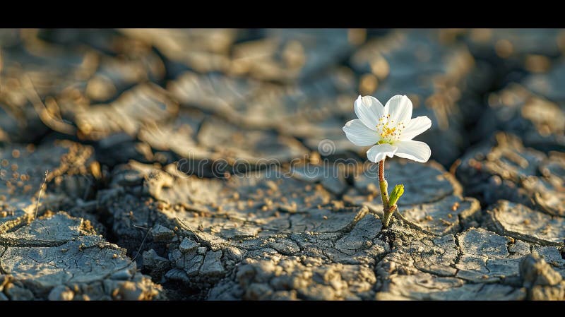 Resilient Bloom: a Tiny White Flower Breaks through Dry Cracked Earth ...