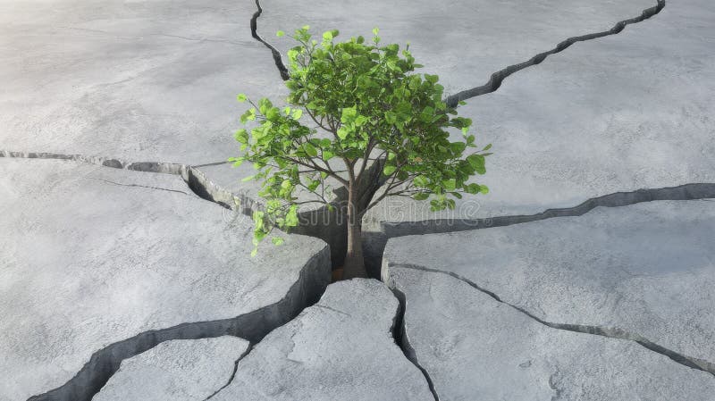 A Resilient Green Tree Growing from a Cracked, Dry Surface, Symbolizing ...