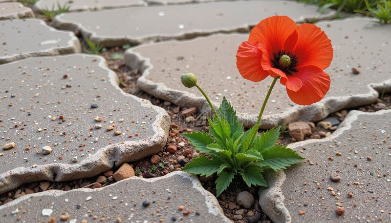 Resilient Red Poppy Blooming through Cracked Stone Pathway, Hope Stock ...