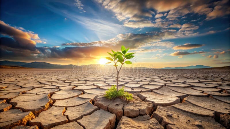 A Resilient Sapling Bravely Emerges from Cracked, Arid Earth during a Vibrant Sunset ...