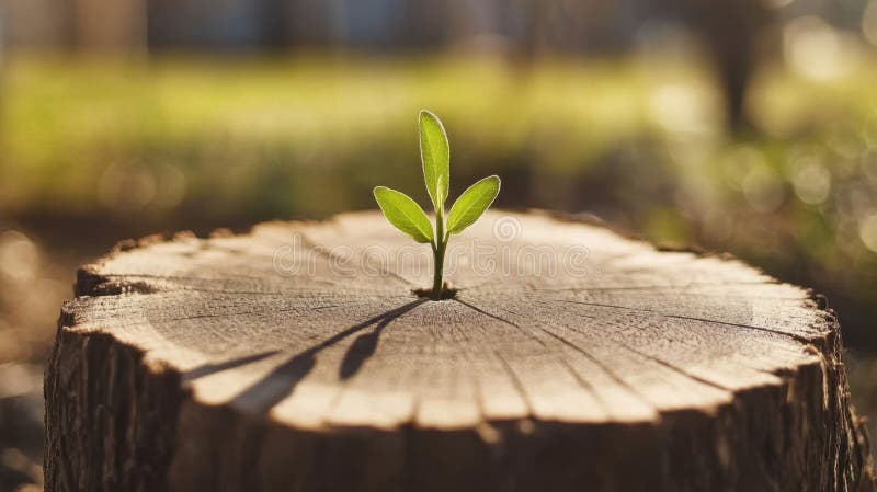 Resilient Sapling Emerging from Tree Stump in Sunlit Forest Stock Image ...
