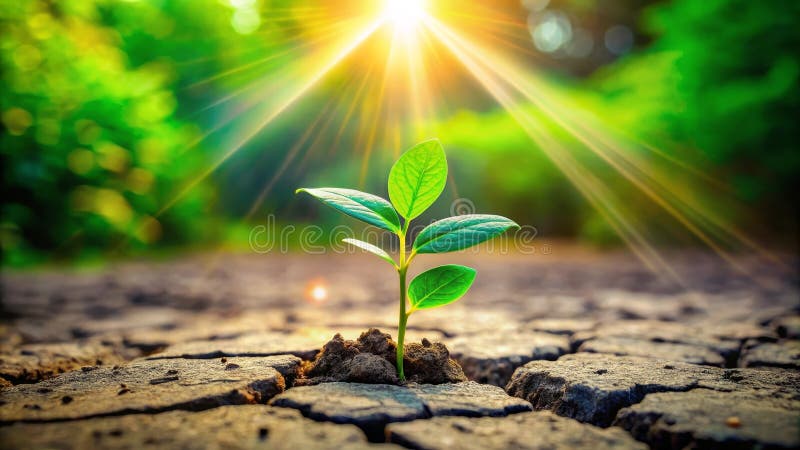 A Resilient Seedling Emerges from Cracked Earth, Bathed in Sunlight, Symbolizing Growth and ...