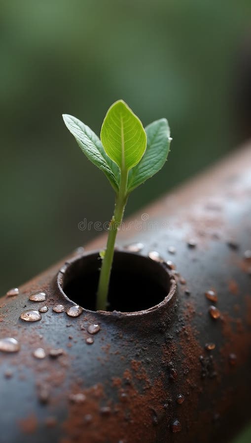 Resilient Sprout Emerges from Rusty Pipe Symbolizing Natures ...
