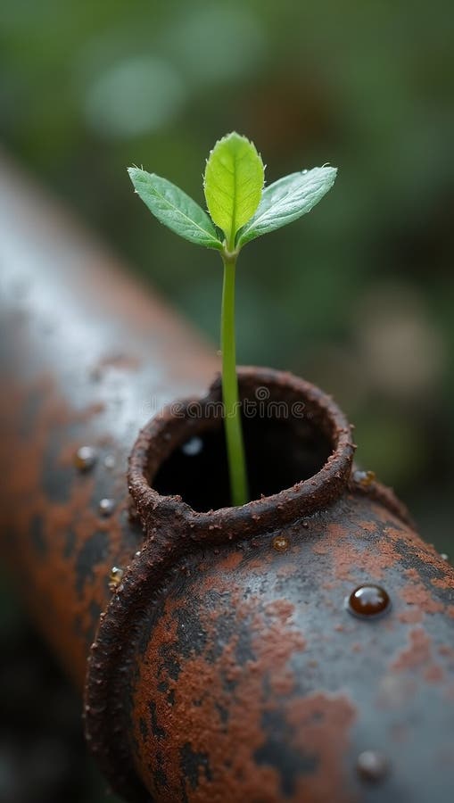 Resilient Sprout Emerges from Rusty Pipe Symbolizing Natures ...