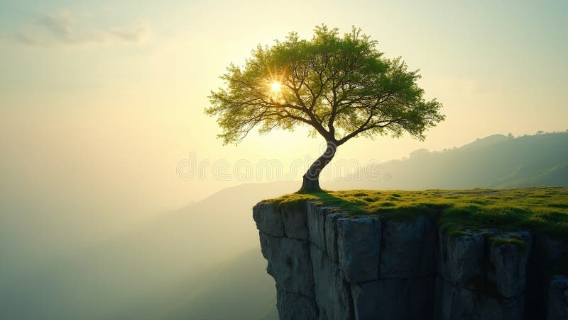 Resilient Tree on Cliff Edge Reaching for Sunlight Stock Illustration ...