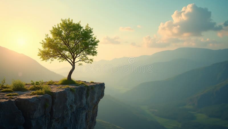 Resilient Tree on Cliff Edge Reaching for Sunlight Stock Illustration ...