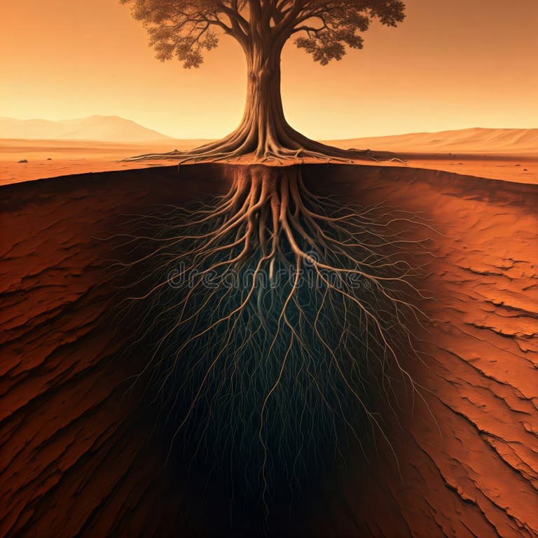 Resilient Tree with Deep Roots in Arid Landscape at Sunset Stock ...