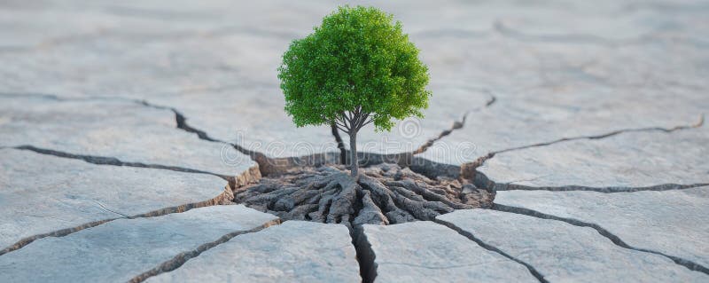 Resilient Tree Grows from Cracked Ground, Symbolizing Hope Stock ...