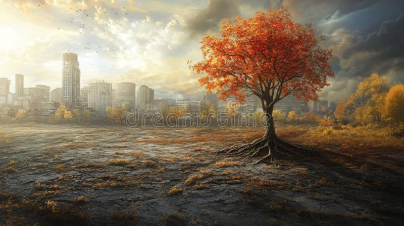 Resilient Tree in a Post-Apocalyptic Cityscape at Sunset Stock ...