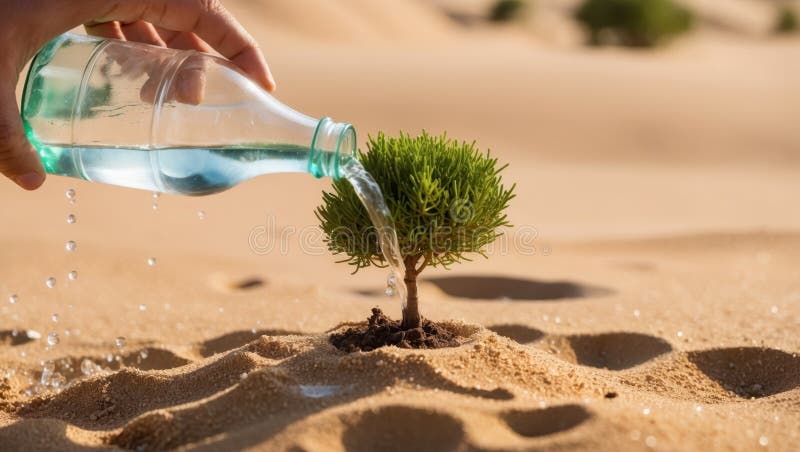 Resilient Tree Sapling Growing in Desert Soil with Water Being Poured ...