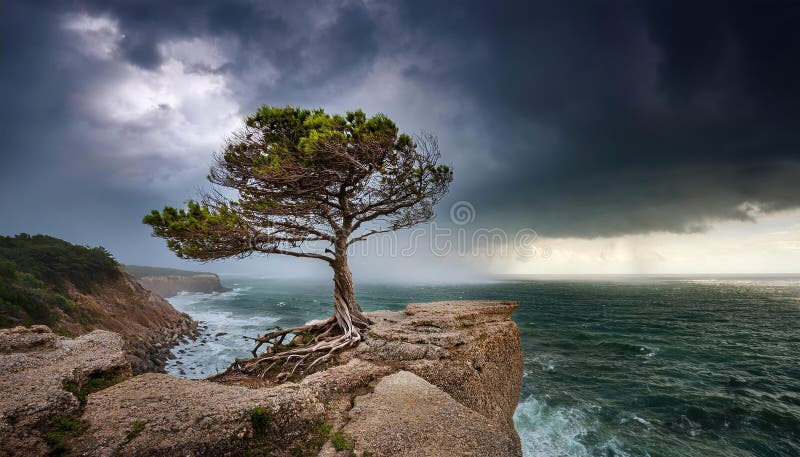 Resilient Tree Standing Alone on Cliff during Storm, Showcasing ...