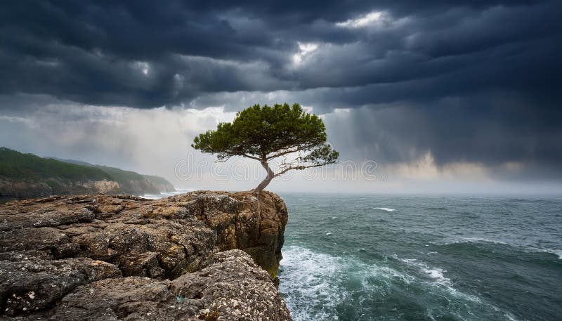 Resilient Tree Standing Alone on Cliff during Storm, Showcasing ...