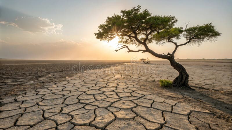 Resilient Tree in a Sun-drenched, Cracked Earth Landscape. Generative ...