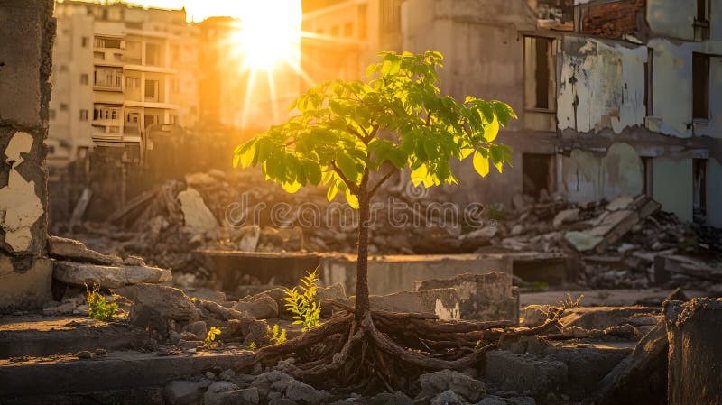 Resilient Tree Thriving Amidst Urban Ruins at Sunset Stock Image ...