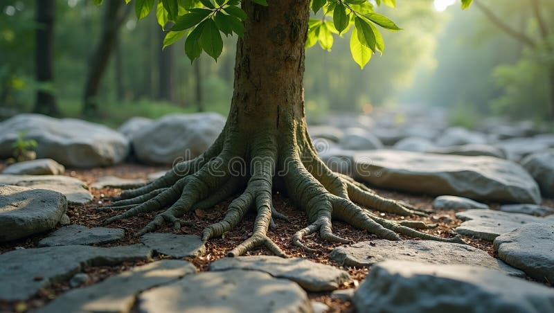 Resilient Tree Trunk Growing from Rocky Ground Stock Illustration ...