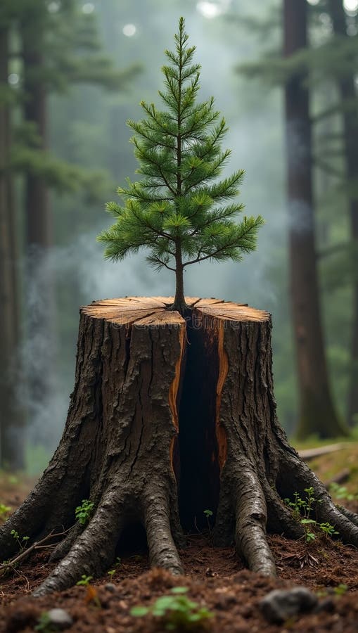 Resilient Young Pine Tree Growing from Split Tree Stump in Misty Forest ...