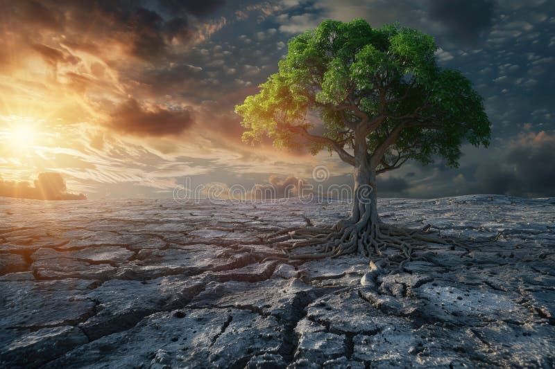 Resilient Young Tree Growing on Parched Soil Against Golden Sunset and ...