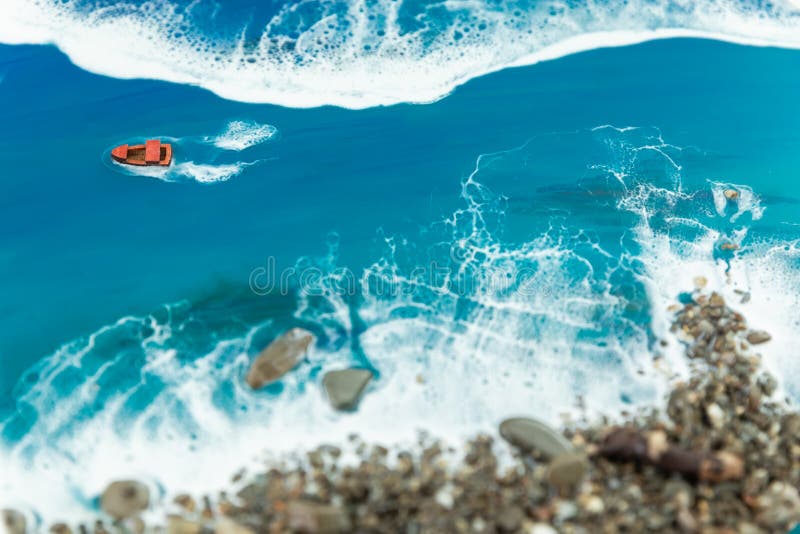 Resin Art Background. Epoxy Art Composition with Ocean Waves, Boat and ...