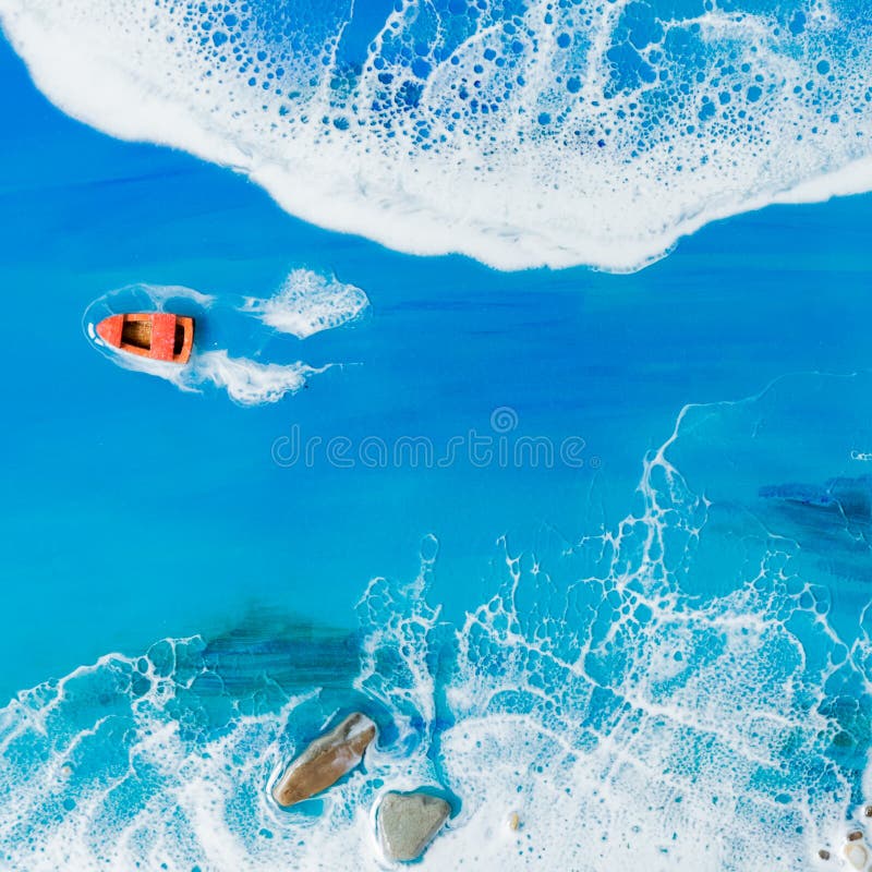 Resin Art Background with Sea Waves, Boat and Stone Beach. Epoxy Art ...