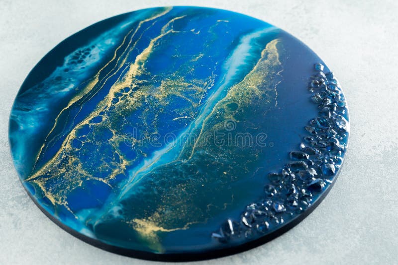 Resin Art. Epoxy Art Composition with Deep Blue Colors and Stones Stock ...
