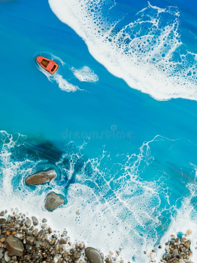 Resin Art with Ocean Waves, Boat and Stone Beach. Epoxy Art Composition ...