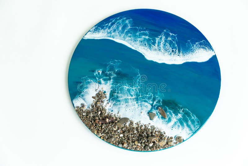 Epoxy Composition with Blue Ocean Waves, Boat and Stone Beach Stock ...