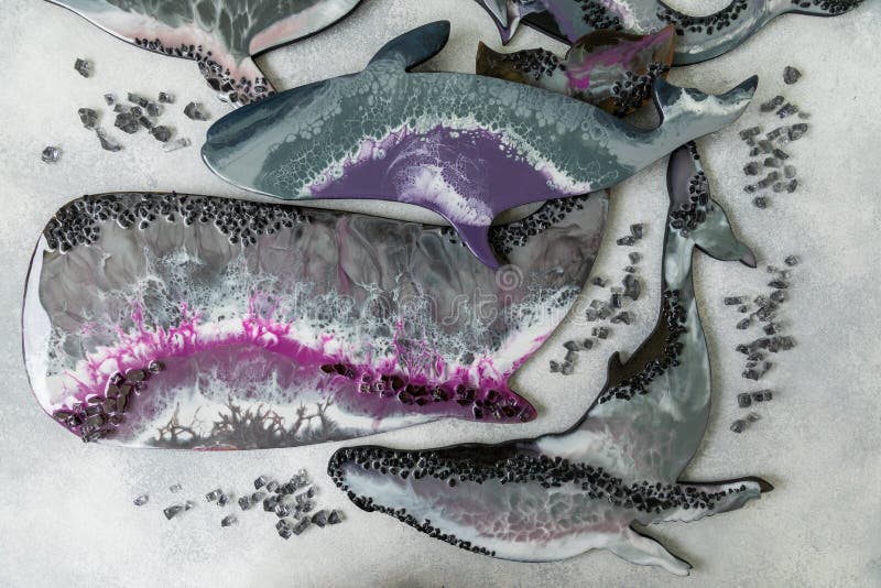 Resin Art Whales on Gray Background. Epoxy Art Interior Items Stock ...