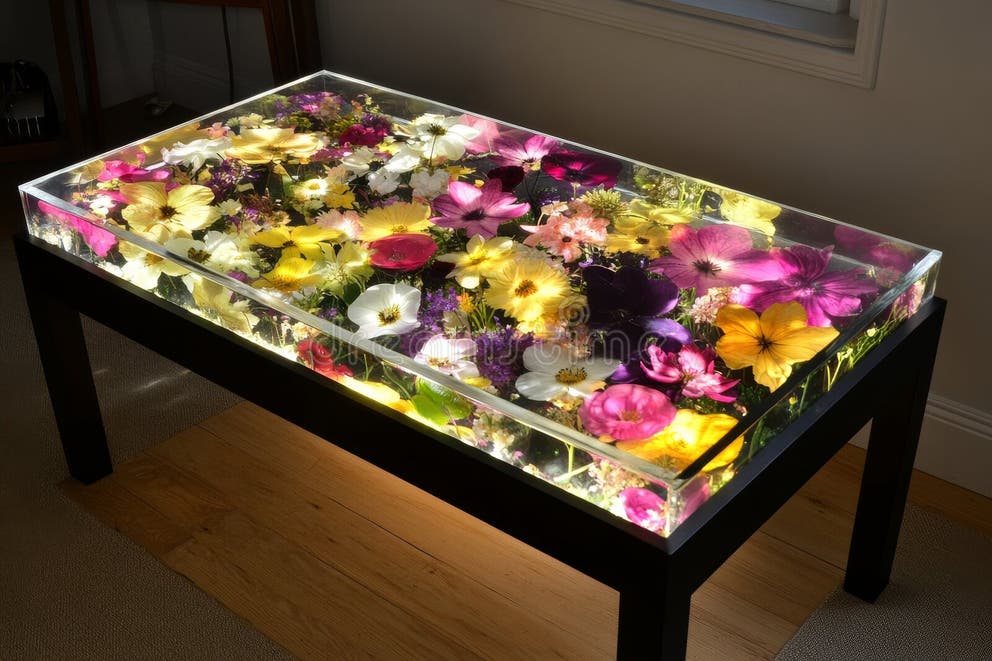 Resin Table with Embedded Colorful Flowers Illuminated from Below ...