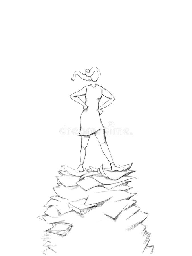 Resolute Woman is Standing on Stack of Paper Stock Illustration ...