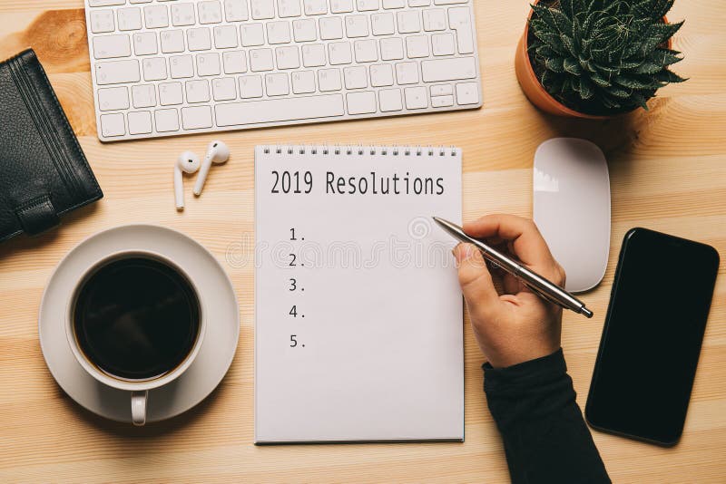 2019 Resolutions - Text on Notebook at Work Place Top View, Check List ...