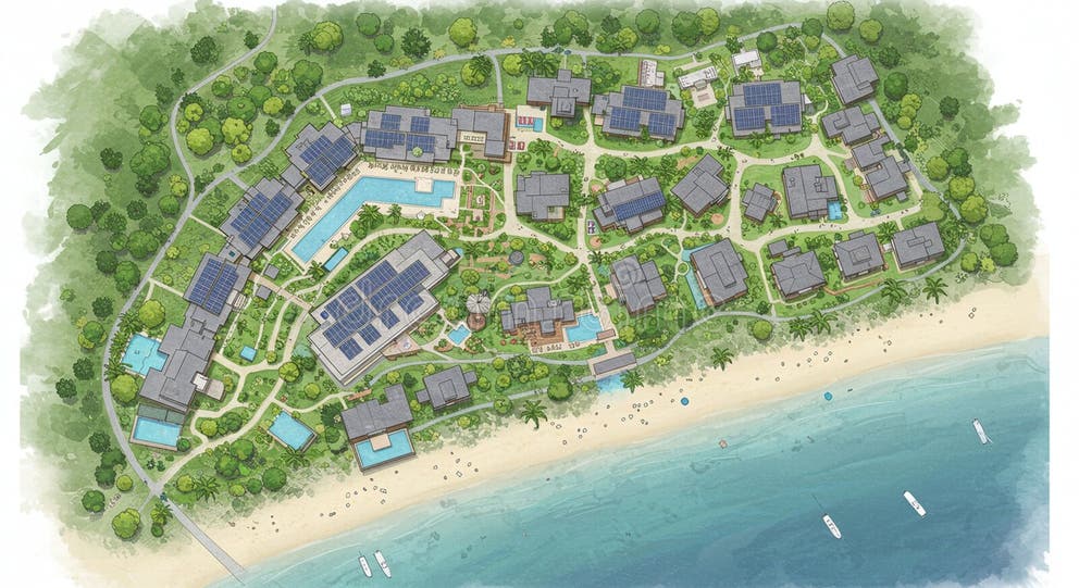 A Resort Layout Featuring Multiple Buildings with Solar Panels, Set ...
