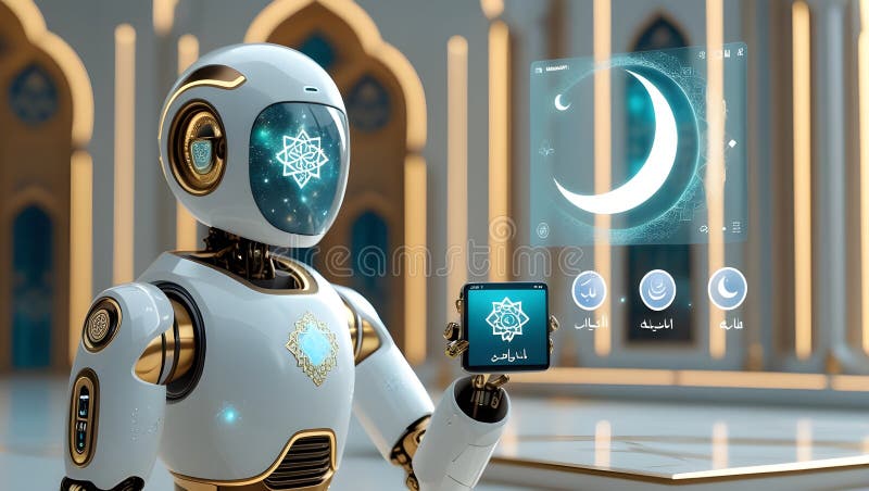 Respectful Cleaning Robot in Futuristic Mosque Interior with Bright ...