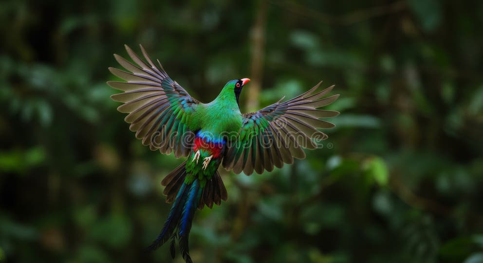 Resplendent Quetzal in Flight, Rainforest Background Stock Illustration ...