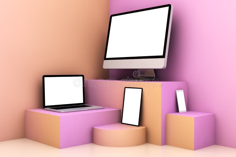 Responsive Devices on Cream Pink and Orange Scene Stock Illustration ...