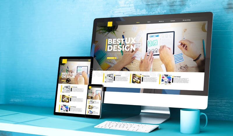 Responsive Devices with Ux Design Website Home on Blue Studio Stock ...