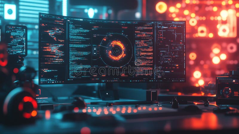 Cyberpunk Style Digital Workspace Neon Lights Red Orange Coding Screen ...