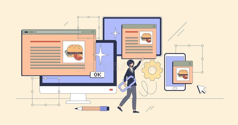 Responsive Web Design Coding for Website Tiny Person Neubrutalism Concept Stock Vector ...