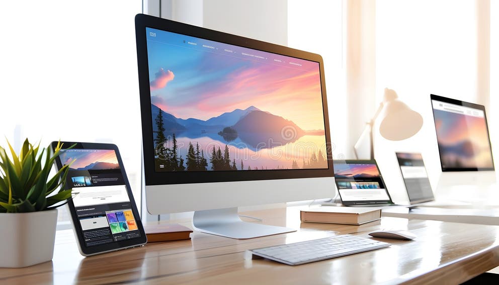 Responsive Web Design Mockup on Multiple Devices - IMac, MacBook, IPad, and IPhone. Stock Photo ...