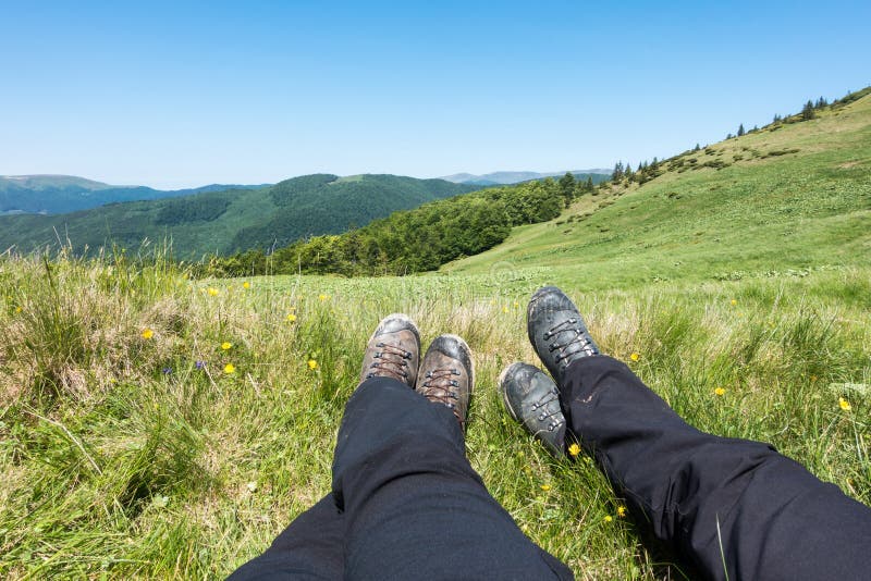 Rest in Active Hiking in the Mountains Stock Photo - Image of pasture ...
