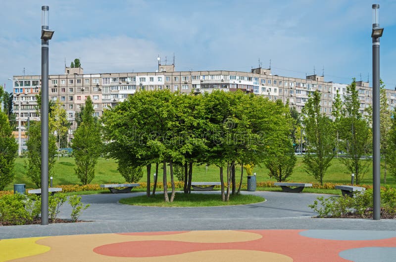 Rest Area with Benches Public Park Stock Image - Image of lush, lights ...