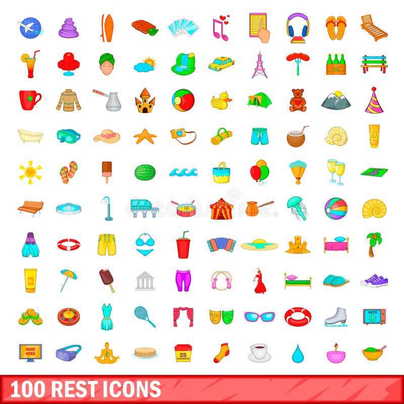100 Rest Icons Set, Cartoon Style Stock Vector - Illustration of rest ...