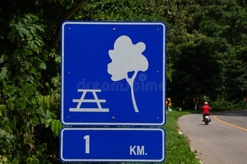Rest Point Sign on Tree and Road Background Traffic Sign. Stock Photo ...