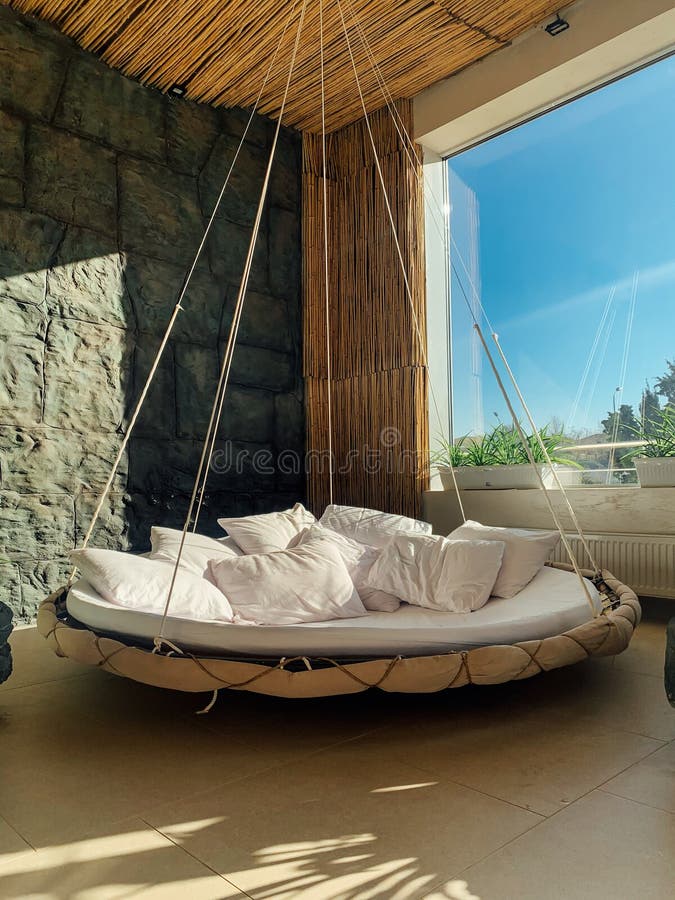 Rest Room with Green Plants and Bed Stock Image - Image of luxury, blue ...