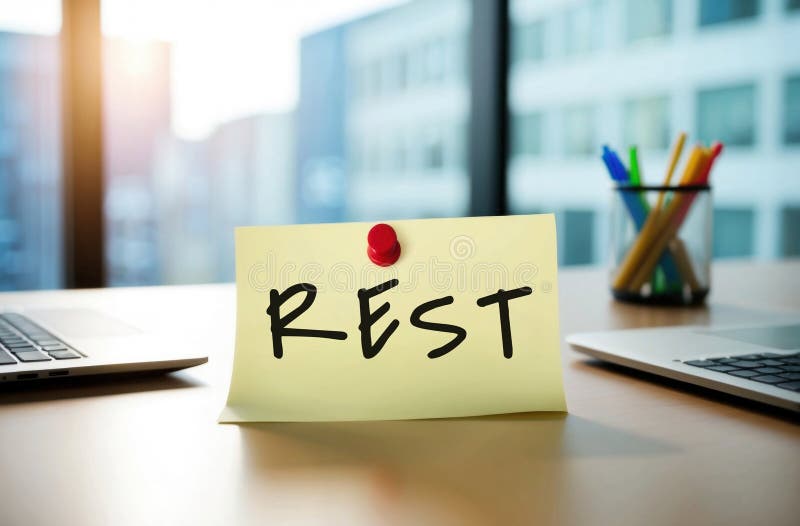 Rest Text Words Phrase on a Sticker on the Office Desk Stock ...